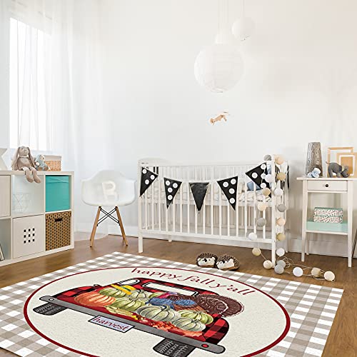 Indoor Area Rugs Thanksgiving Turkey Truck Pumpkin Non-Slip Floor Mats Grey Check Rectangular Carpet Soft Washable Rugs for Living Room/Bedroom/Hallway Home Decor - 2x3 Feet