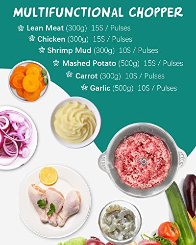 Meat Grinder Electric Food Chopper Processor by Homeleader 8 Cup Chicken Grinder Chopper with Stainless Steel Bowl for Lean Ground Meat Vegetables Fruits Nuts Ice Fast and Slow 2 Speeds 4 Sharp Blades Pure Copper Motor