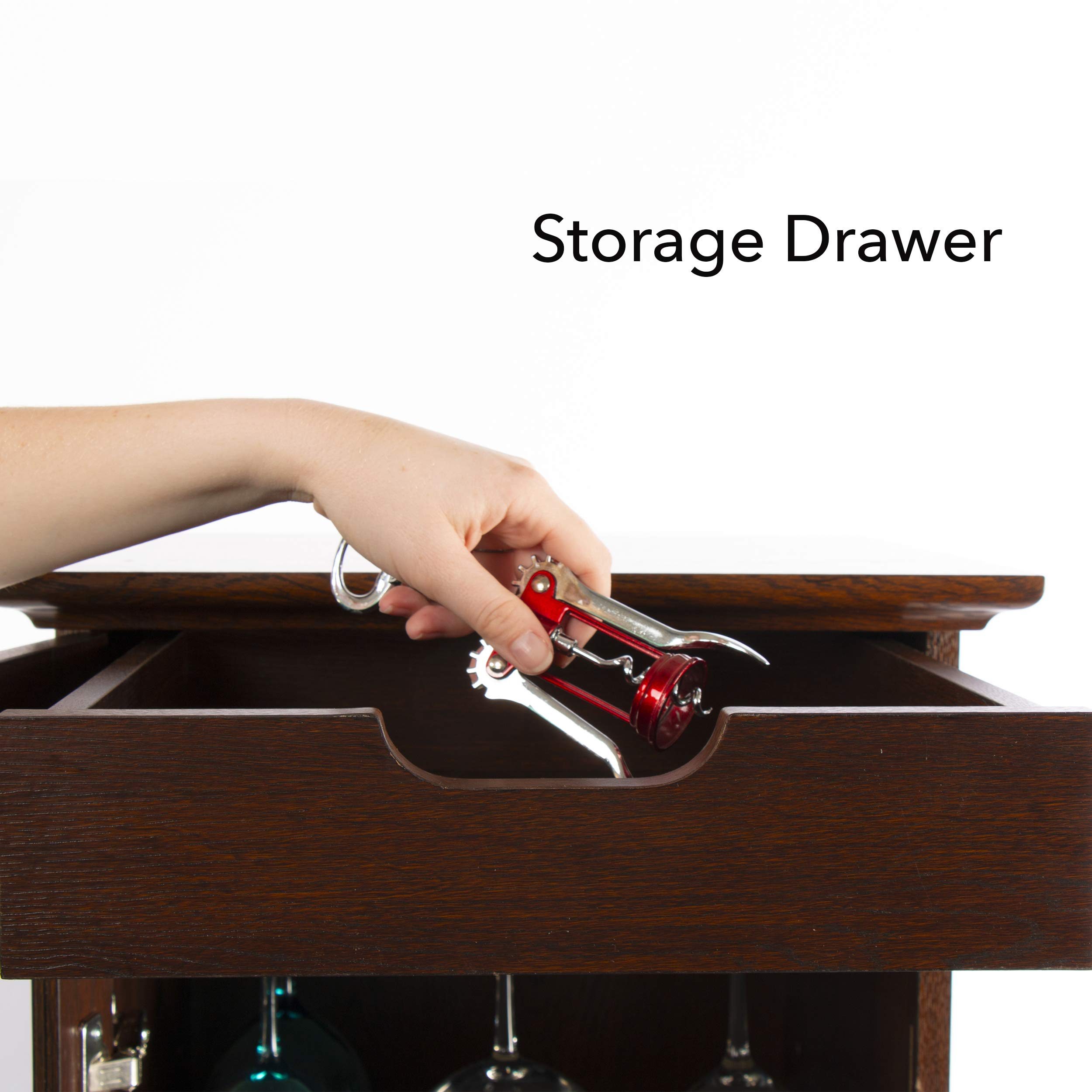 Atlantic Herrin Bar Cabinet, Tempered Glass Lockable Door, European Hidden Hinges, Storage for 9 Wine Glasses & 16 Bottles of Wine, Accessory Drawer & Liquor Storage, PN 38408116 β Textured Chestnut