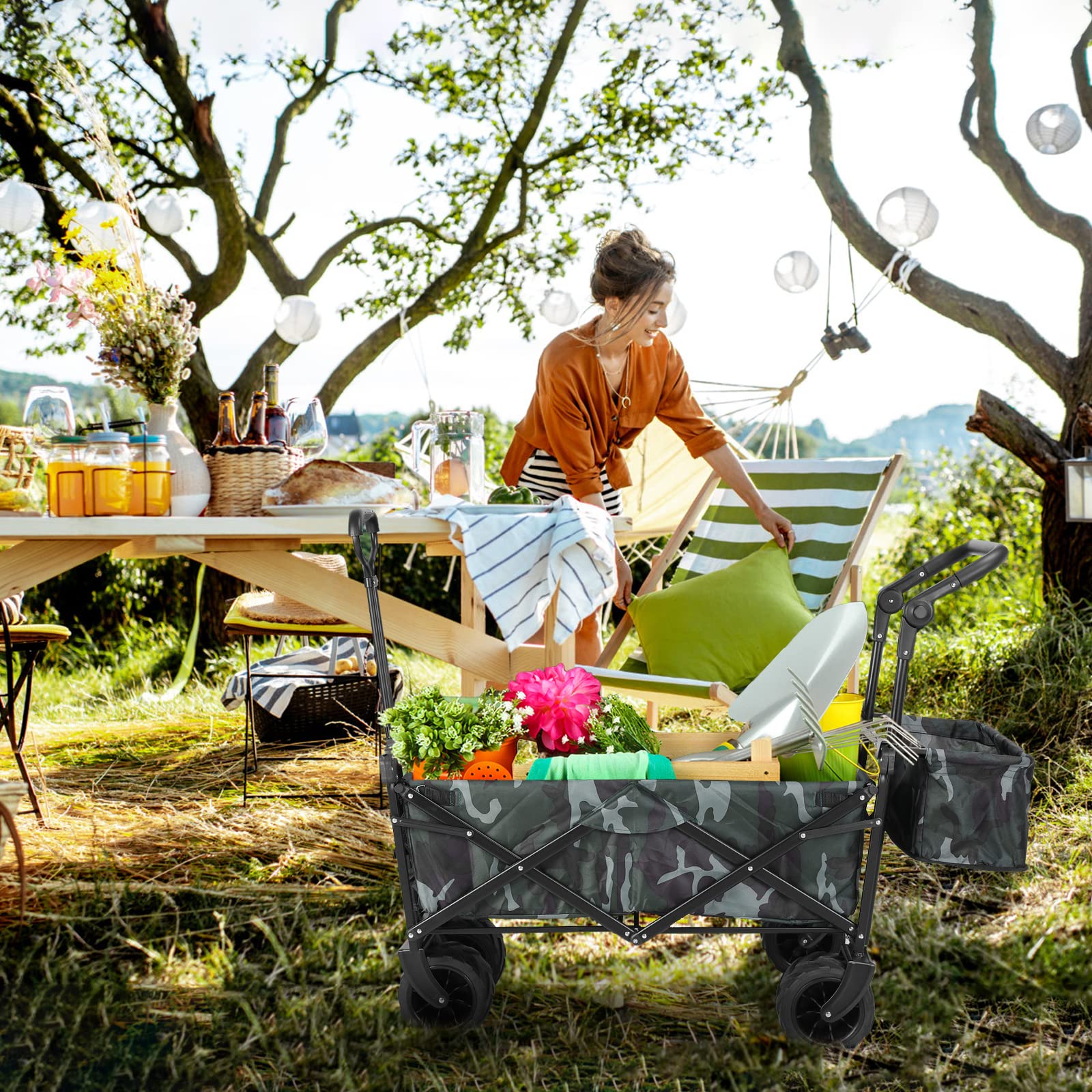 AthLike Extra Large Collapsible Wagon w/Removable Canopy, 250lbs Foldable Garden Cart w/Rear Storage, Heavy Duty Outdoor Push&Pull Utility Camping Beach Stroller w/Big Wheel&Adjustable Handles, Black