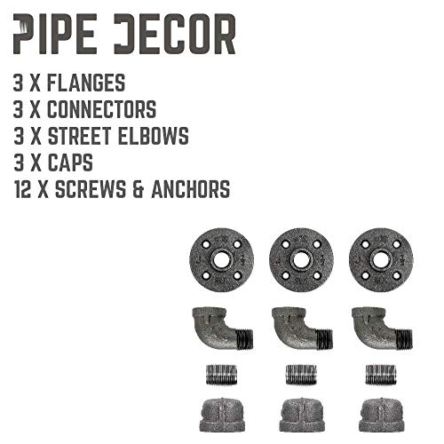 PIPE DECOR Coat Hooks Set of 3 - Industrial Heavy Duty Wall Mounted, Rustic Iron DIY Style, Steel Grey Black for Entryway, 1/2" inch Threaded Floor Flanges Fittings and Elbows