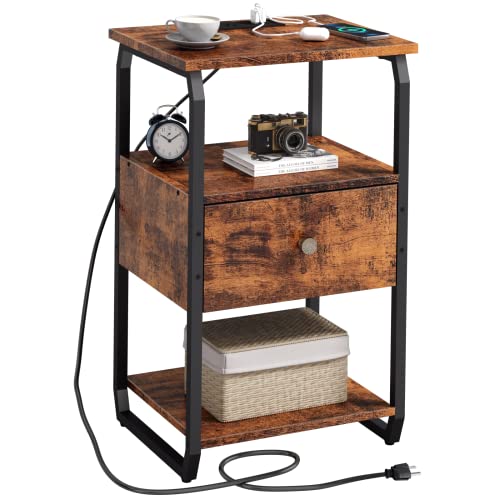 KHLJJU Nightstand with Charging Station, Bedside Tables with USB Ports and Outlets, Side Table with Drawer for Small Spaces, Vintage End Table for Bedroom, Living Room