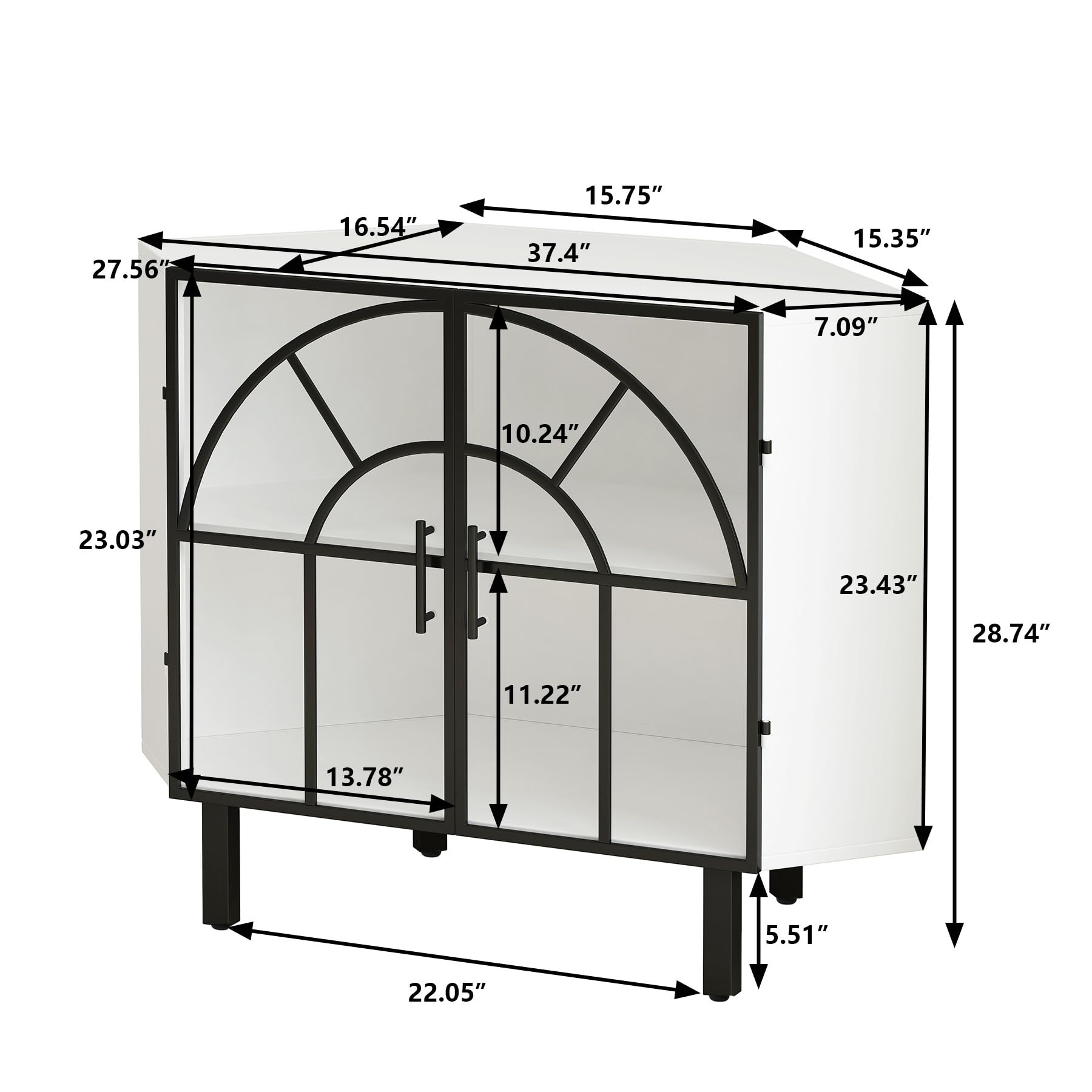 CuisinSmart Corner Cabinet 37.40 inch Corner Table Sideboard Cabinet with 2 Doors and 2-Tier Shelves Free-Standing Metal Frame Storage Shelf Organizer for Living Room Kitchen Bedroom Bathroom White