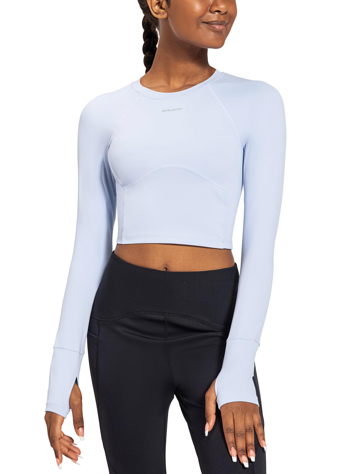BALEAF Women's Long Sleeve Crop Top Workout Athletic Shirt Running Top Slim Fit Black M