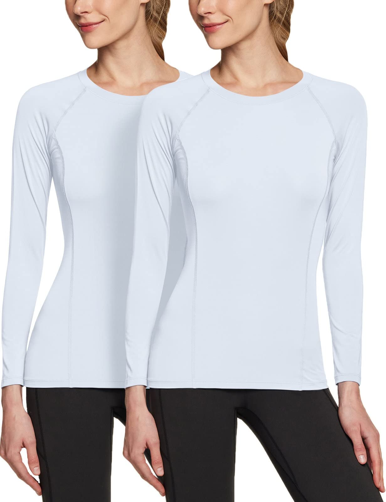ATHLIO Women's Sports Compression Shirt, Cool Dry Fit Long Sleeve Workout Tops, Athletic Exercise Gym Yoga Shirts, 2pack White/White, X-Small