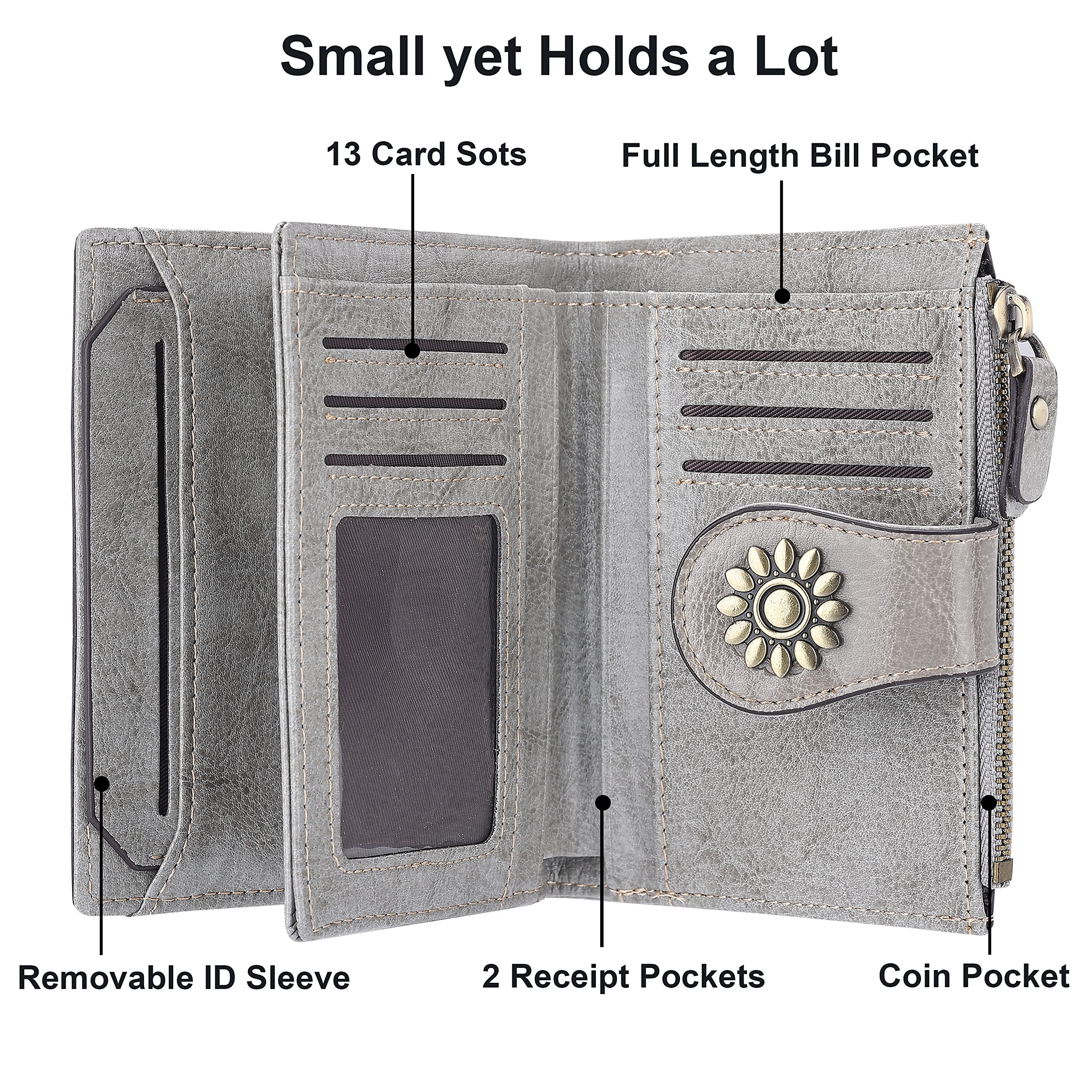 Lavemi Womens Leather Wallet Small Compact RFID Blocking Credit Card Case Purse with Zipper Pocket(Gray)