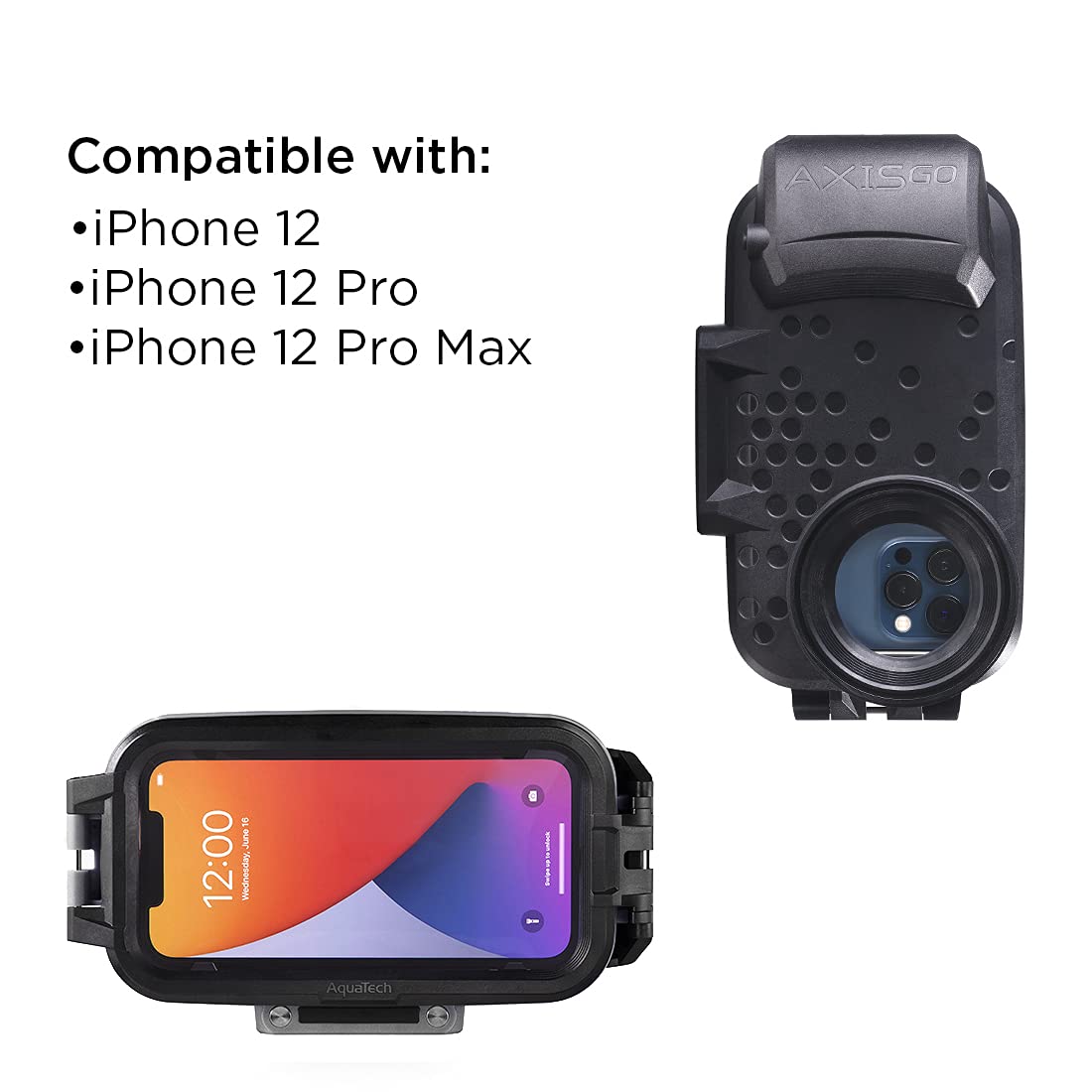 AquaTech AxisGO iPhone 12 Waterproof Phone Housing for Underwater Action Photography Snorkeling Surfing Travel Case - Deep Black Bundle