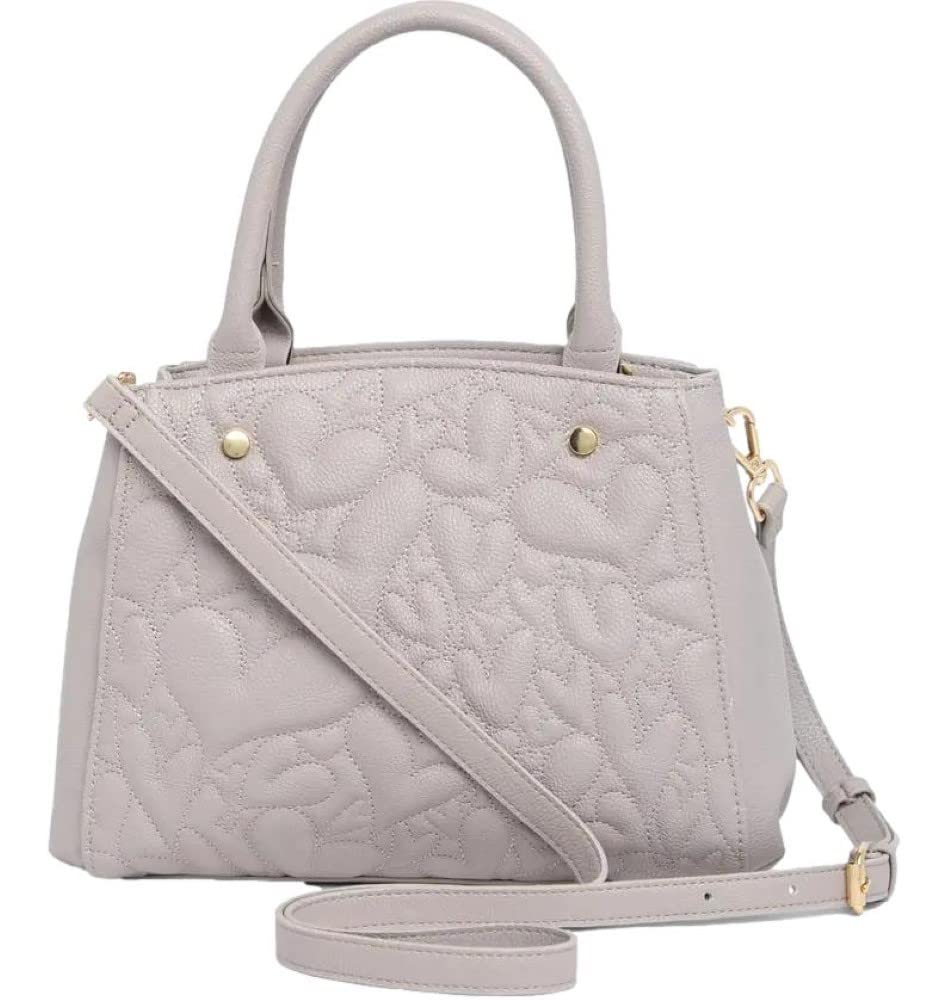 Betsey Johnson XoKiki Quilted Hearts Pebble Textured Grey Faux Leather Triple Entry Satchel Shoulder Bag