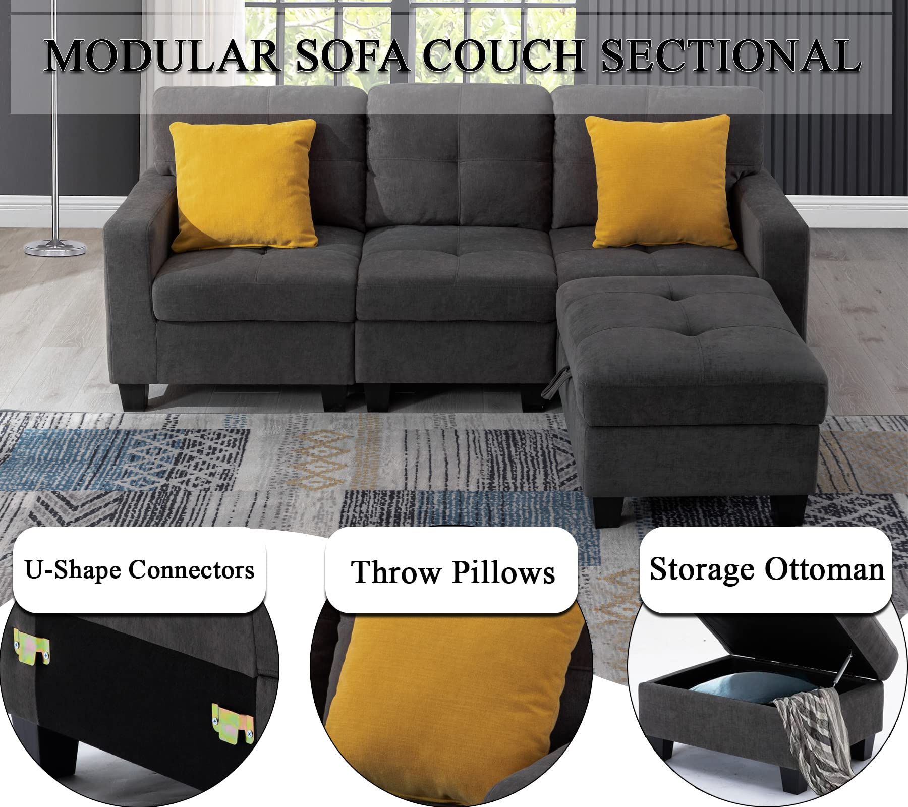 Flesser Loveseat Sofa Small Sectional Couch with Storage Modular Couch Love Seat with Ottoman for Small Spaces Velvet Convertible Bedroom Couch in Dark Grey