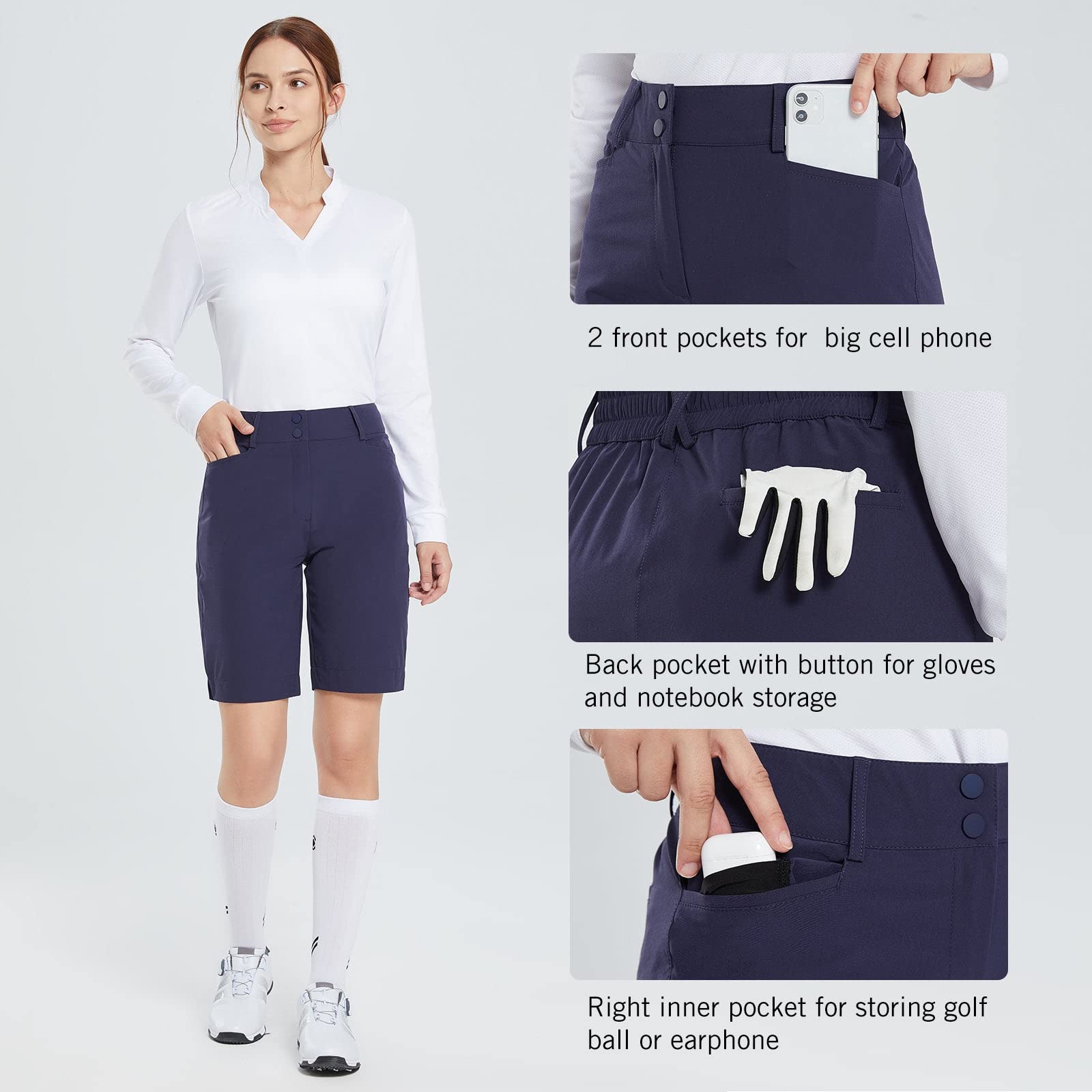 BALEAF Women's Golf Shorts 9" Bermuda Long Short Knee Length Stretch with Pockets Golfing Apparel for Ladies Navy Blue XXL