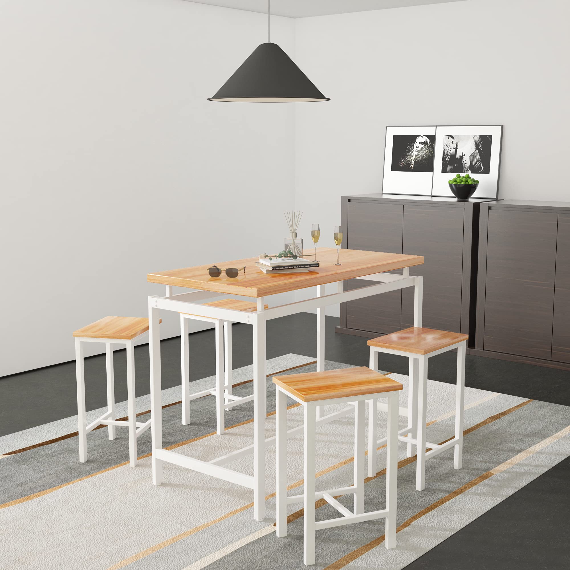 AWQM Bar Table and Chairs Set Modern Counter Height Pub Table with 4 Chairs 5 Pieces Dining Table Set Home Kitchen Breakfast Table Perfect for Bar, Breakfast Nook and Kitchen, Oak
