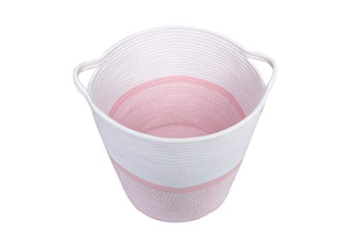 Pink Cotton Rope Laundry Basket with Handles Woven Portable Basket Cute Pink Nursery Blanket Storage Basket for Girl Clothes Hamper Home Decor Basket
