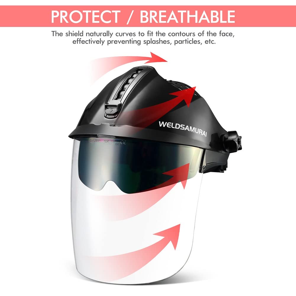 Weldsamurai Face Shield for Grinding, Multi-Purpose Safety Mask Shade 5 - Anti-UV/IR & Anti-Fog & Anti-Scratch Coated Clear Lens