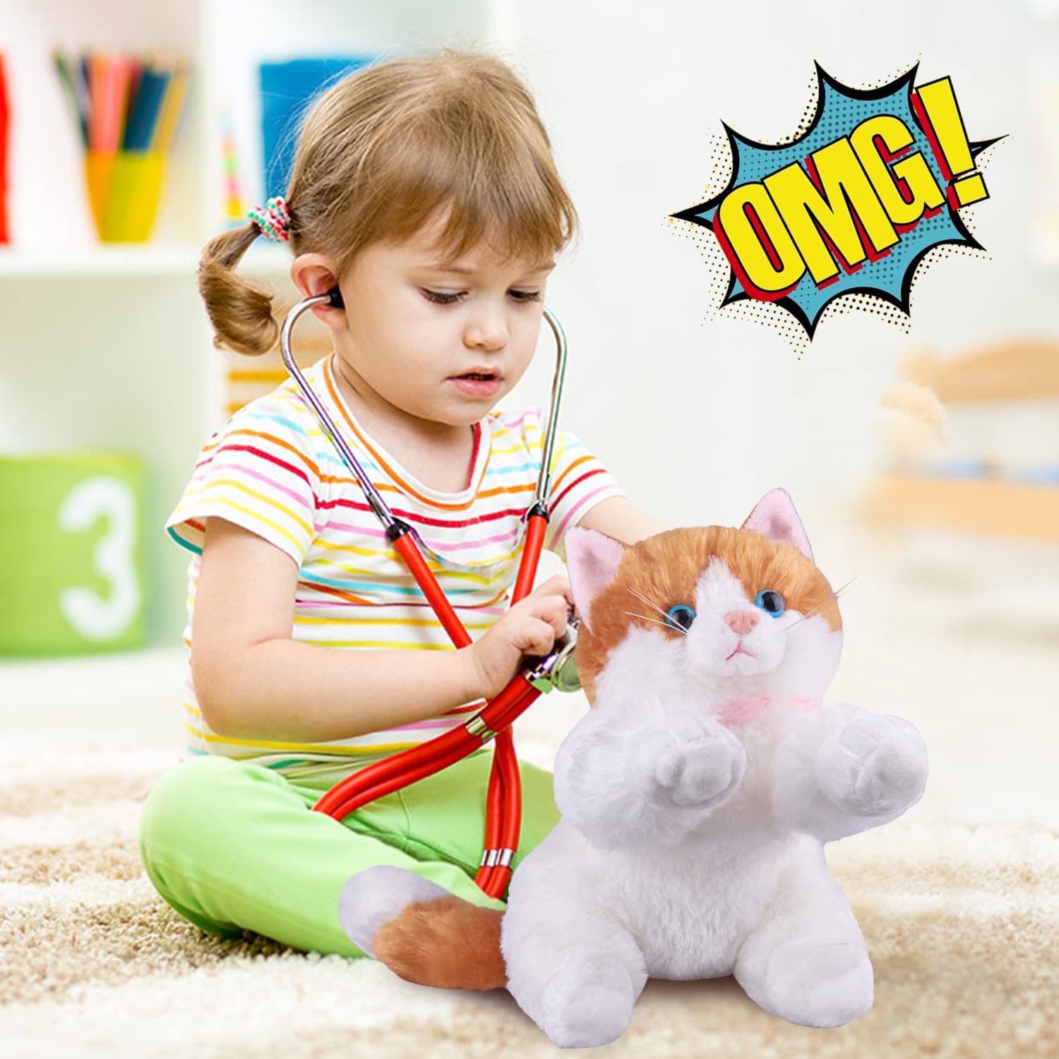 HCdoujoy Yellow Stuffed Animal Cat Plush Toy, Realistic Cuddly Kitten Pet Kitty Soft Small Cat, Birthday Christmas Children's Day Gift for Boy Girl Age 3+