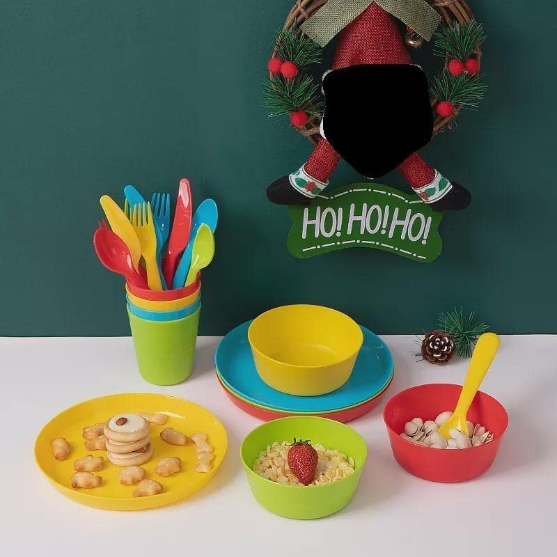 Plaskidy Kids Dinnerware Set for 4-24 Piece Plastic Childrens Dishes Dinnerware Sets Microwave/Dishwasher Safe BPA Free - Toddler Dinner Set Includes Kids Plates and Bowls Kids Cups Flatware Set