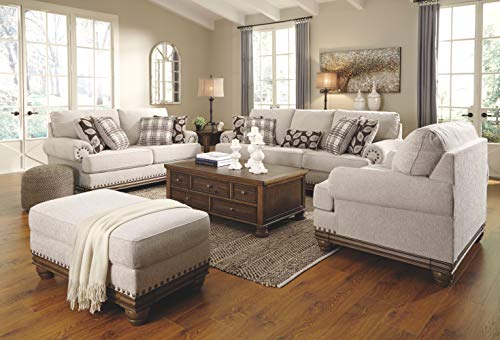 Signature Design by Ashley Harleson Modern Farmhouse Loveseat with Nailhead Trim and 4 Accent Pillows, Beige