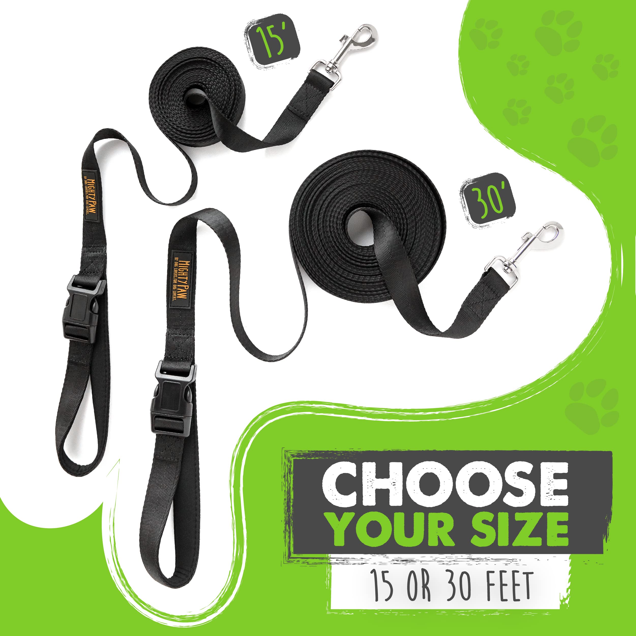 Mighty Paw Long Dog Leash | Pet Lead for Off-Leash Recall Training. Premium Quality Nylon Tie Out , Includes a Buckled Padded Handle. Great for Yard, Camping and Training. (15 Feet, Black)