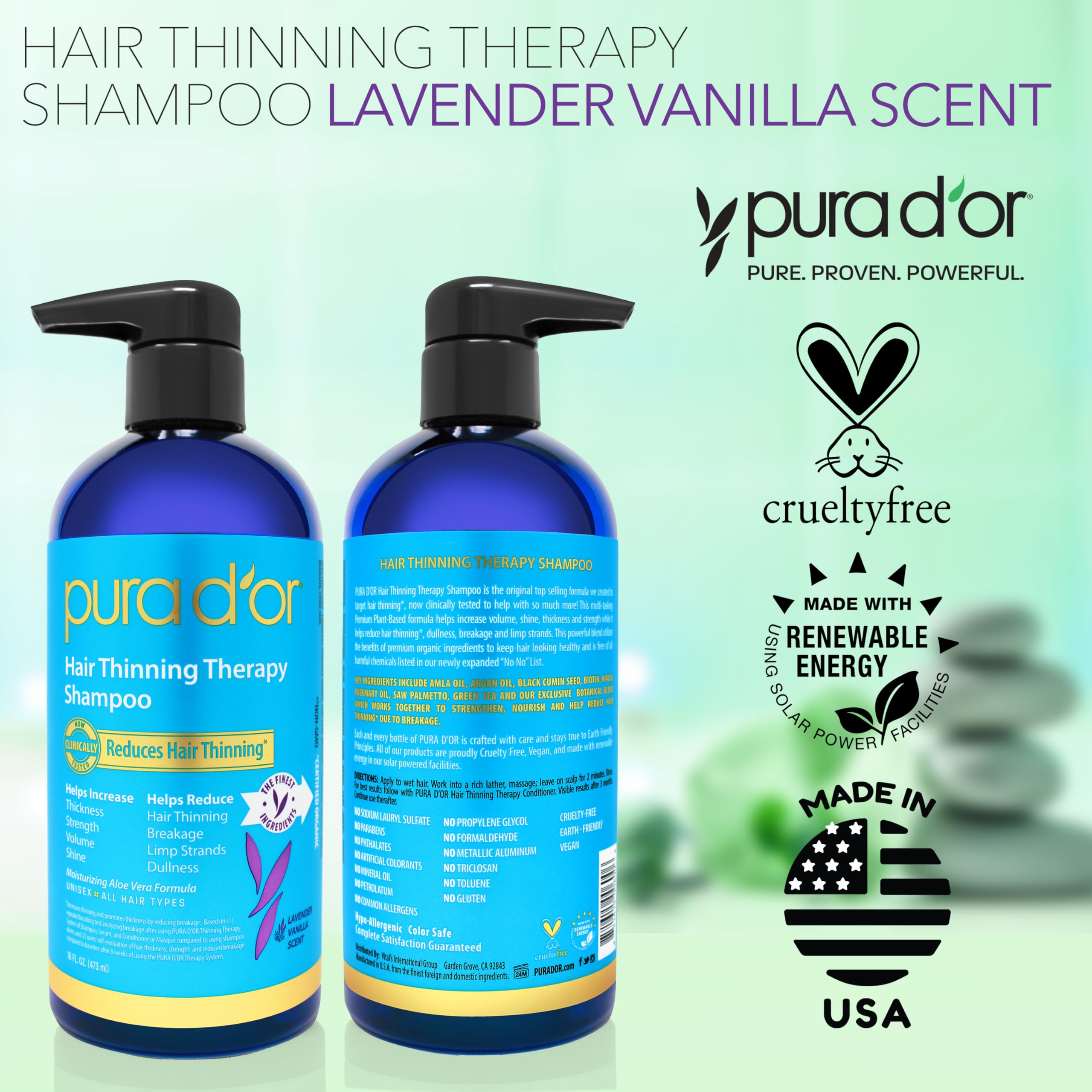 PURA D'OR 16 Oz Hair Thinning Therapy Biotin Shampoo - LAVENDER VANILLA Scent - CLINICALLY TESTED Effective Results, Herbal DHT Blocker Hair Thickening Products Women & Men, Color Safe Routine Shampoo