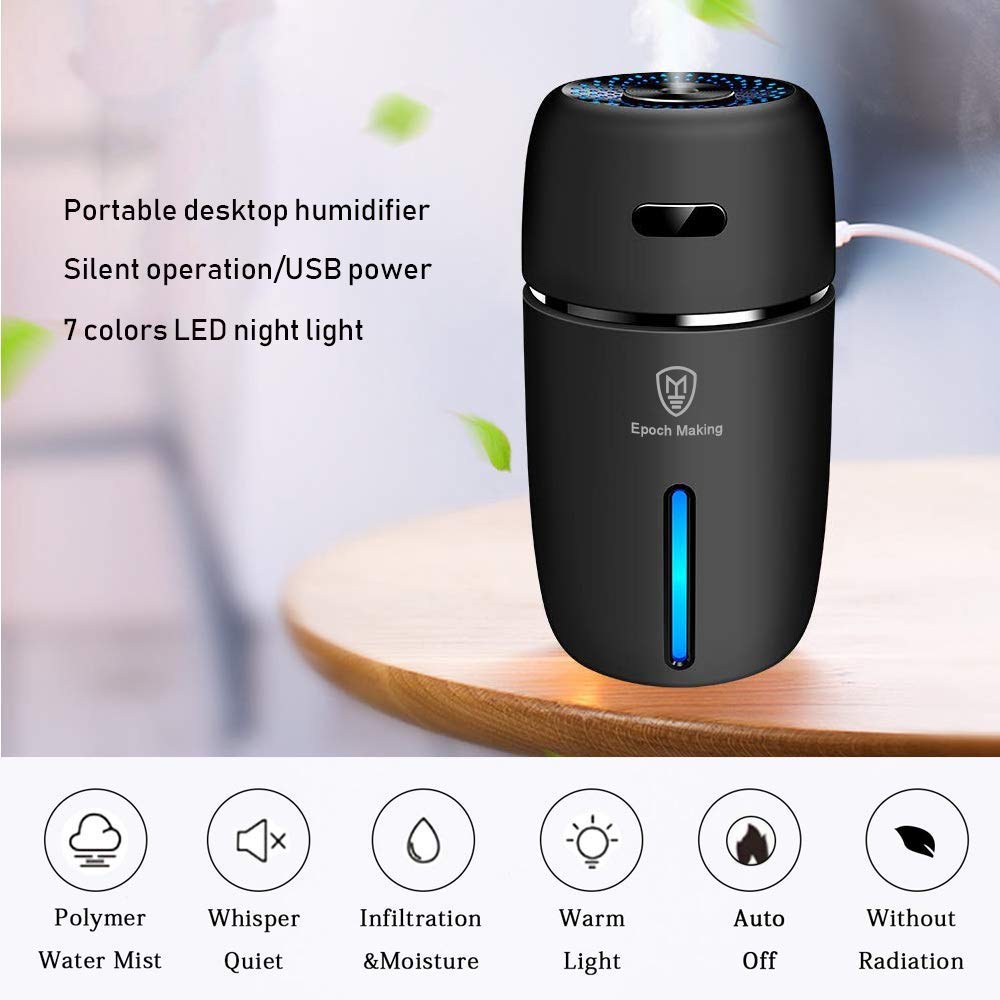 Epoch Making USB Car Humidifier, 200 Milliliter Mini Portable Humidifiers Air Purifier with 7 Colors LED Night Light, Quiet Operation, Adjustable Mist Modes for Travel Home Baby Office Car (Black)