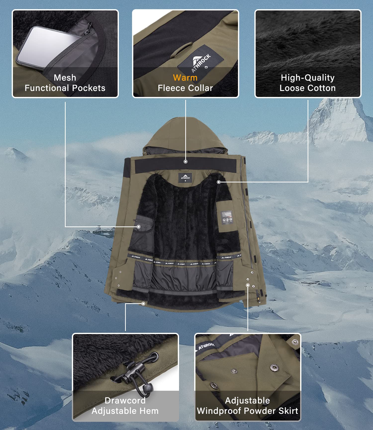 Athrock Winter Jackets for Men Ski Snow Waterproof Fleece Warm Snowboard Coats Hooded Windbreaker Rain Jacket