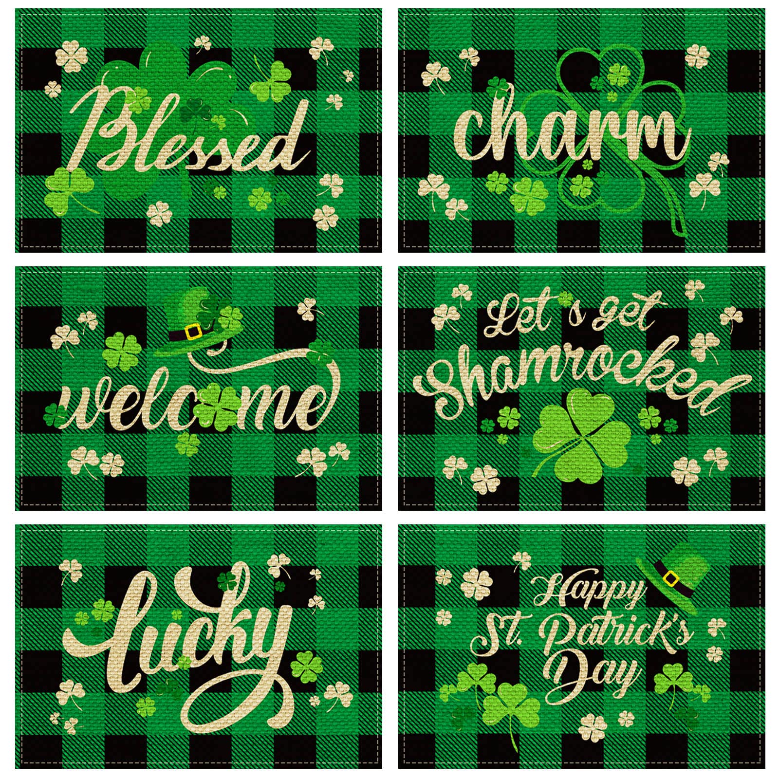 Tatuo 6 Pcs St. Patrick's Day Placemats Buffalo Plaid Placemats Lucky Clover Shamrock Blessed Table Mats Non Slip Heat Resistant Washable Place Mats for Kitchen Dining, 12 x 18 Inch (Stylish Style)