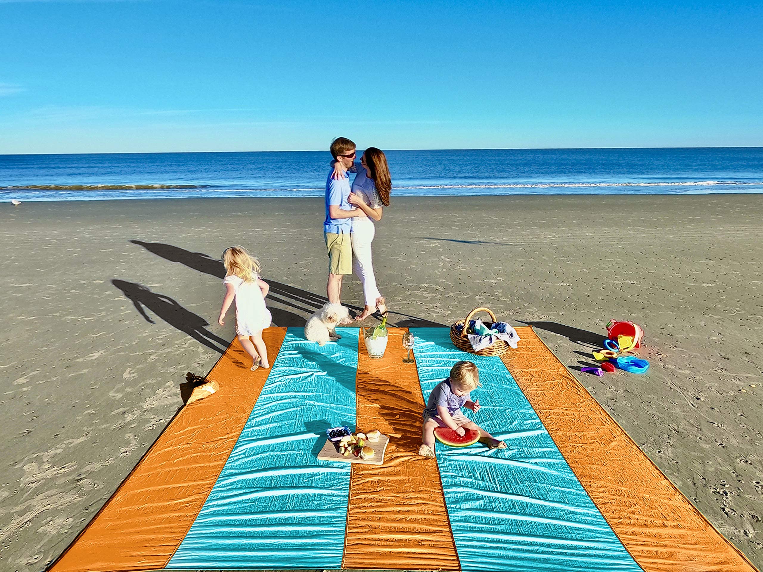 AQUATUS Premium XXL Beach Blanket Sandproof Water Resistant Quick Dry Mat 10ft by 9ft for 1-8 Adults with 4 Metal Stakes, 4 Corner Pockets, Secure Clip and Strap, and Attached Bag