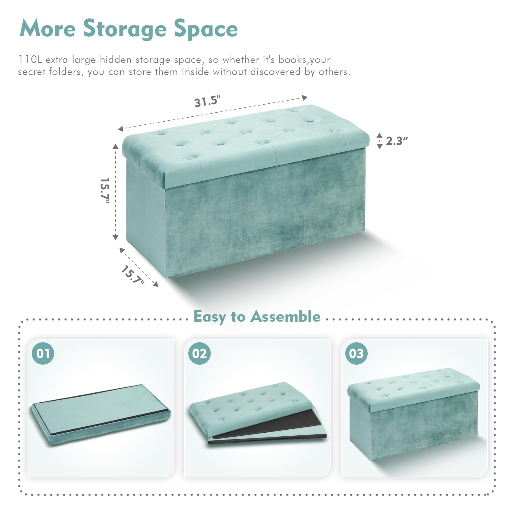 B FSOBEIIALEO Folding Storage Ottoman, Long Ottomans Shoes Bench, Velvet Storage Chest Footrest Seat 31.5"x15.7"x15.7" (Teal, Large)