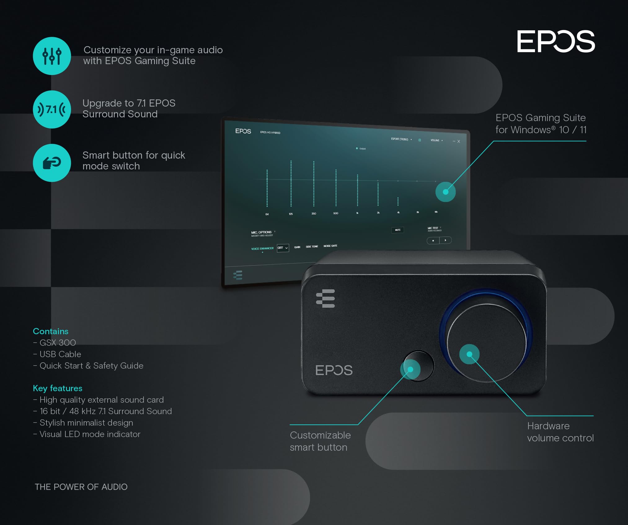 EPOS GSX 300 - External Computer Sound Card - High-Resolution Stereo & 7.1 Surround Sound - LED Volume Dial; Customizable Smart Button - Windows 10 Synchronized