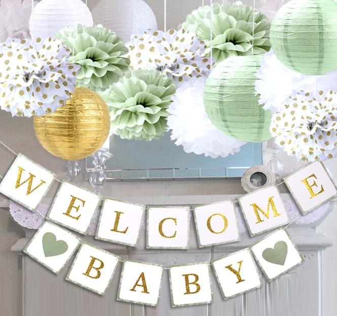luckylibra Baby Shower Decorations,Welcome Baby Banners Paper Lantern Paper Flower Pom Poms(Sage Green Gold White)