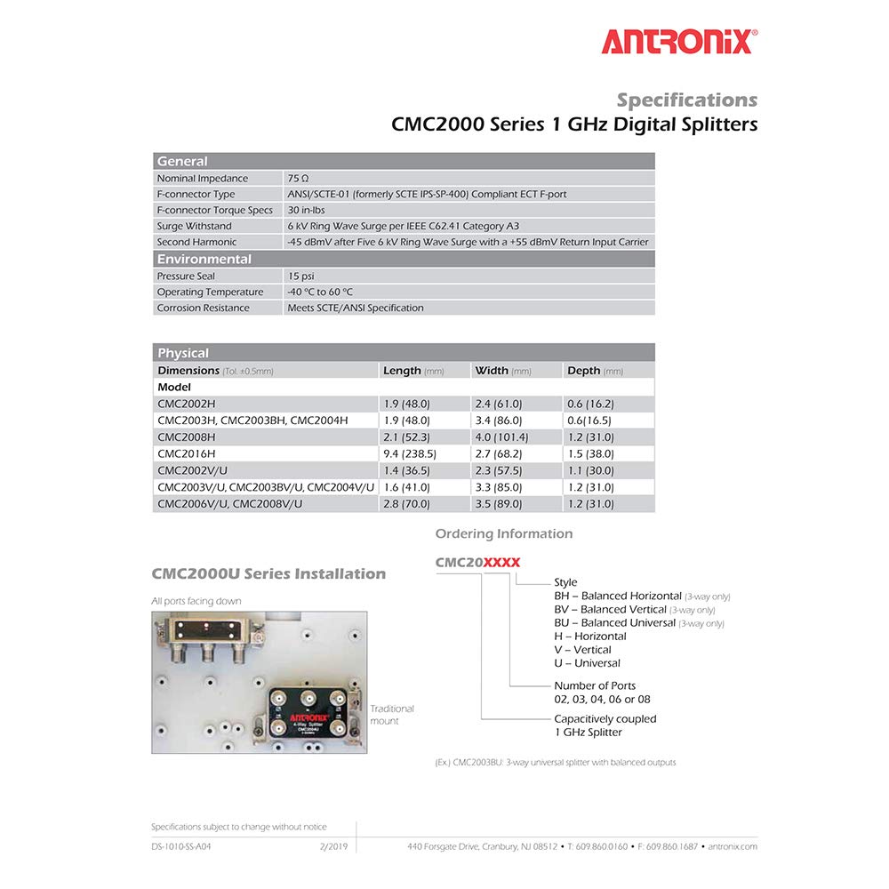 Antronix CMC2003U 3-Way Universal MoCa Splitter -3.5dB -7dB 5-1002 MHz High Performance for Coax Cable TV & Internet