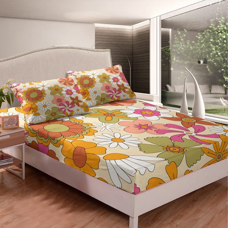 Retro Hippie Flower Bed Sheet Set Kids 60S 70S Groovy Fitted Sheet Vintage Floral Bedding Set for Boys Room Decor Lightweight Chic Bed Cover Queen Size with 2 Pillow Case