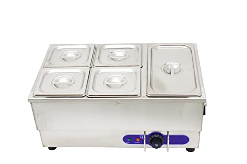 INTSUPERMAI 5 Pots Electric Commercial Food Soup Warmer Canteen Buffet Steam Heater Stainless Steel 110V 1500W 1/6 GN x4+1/3GN x1 6 inch deep Adjustable Temp Restaurants, Catering and Parties