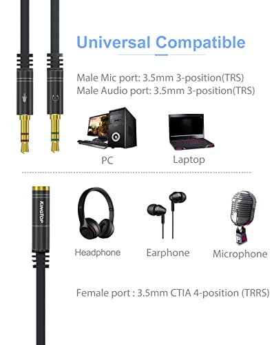 KINGTOP Headset Splitter Cable 3.5mm Female to 2 Male for PC Computer and Old Version Laptop