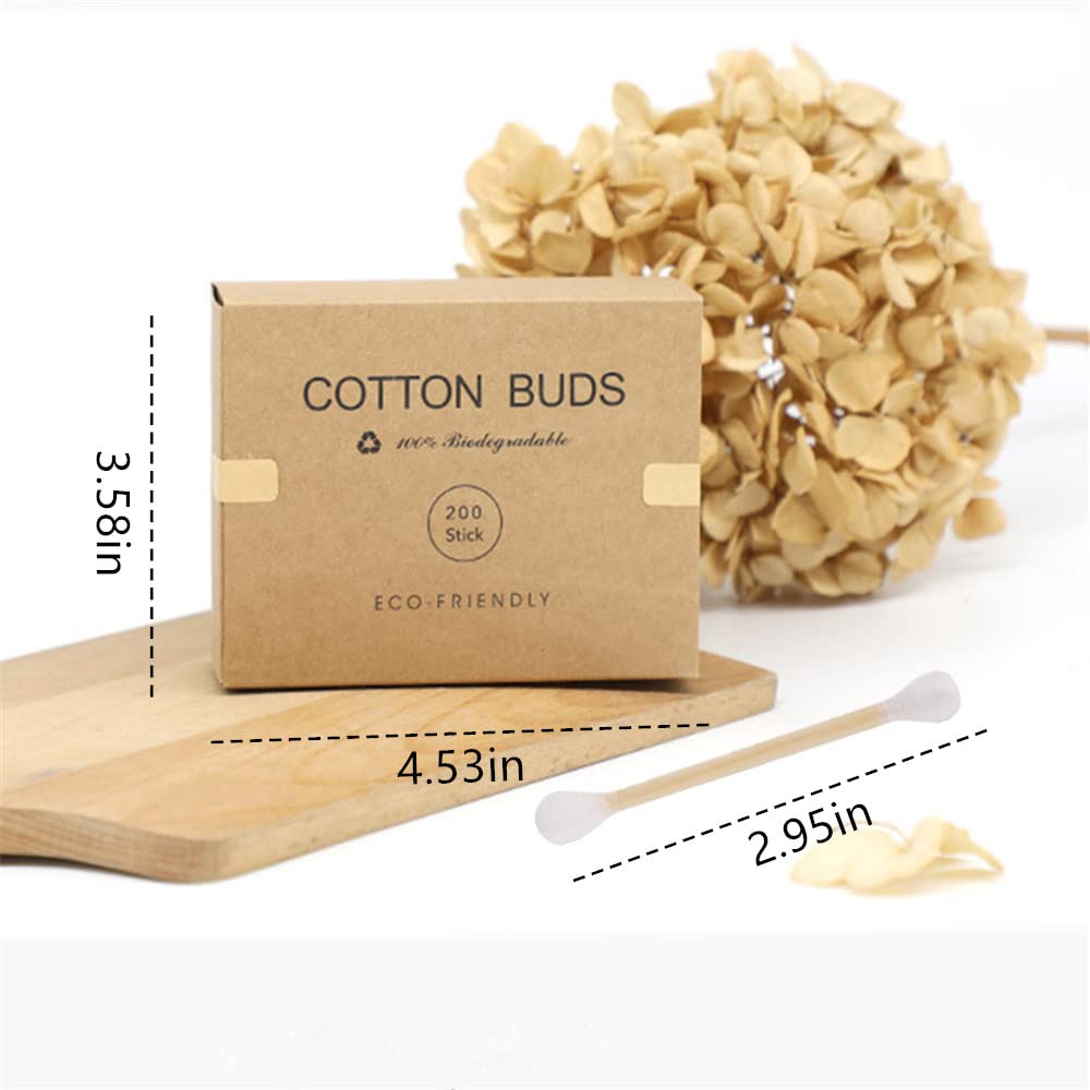 Bamboo Cotton Swabs, 200 Count Wooden Cotton Buds, Eco-Friendly Double Tips, Plastic Free Ear Sticks, 100% Natural Cotton Swabs—Kraft Paper Box (Drawer Box)