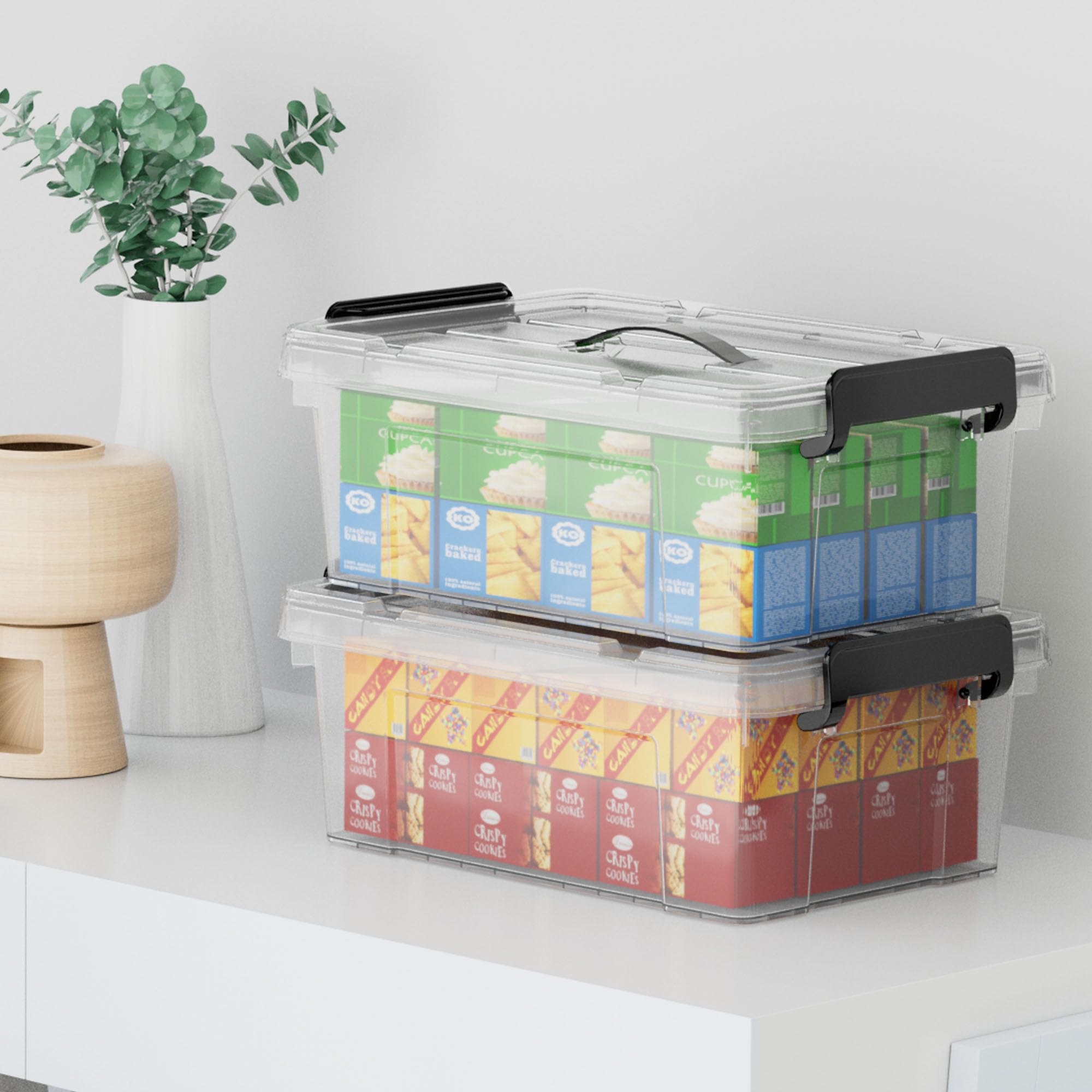 Cetomo 16Qt*4 Plastic Storage Bins, Storage Box, 4 Pack, Tote Organizing Container with Durable Lid, Secure Clips and Handle, Stackable and Nestable, Clear with Black Buckle