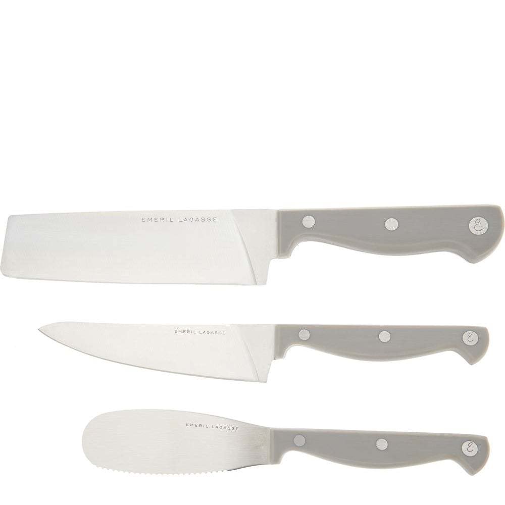 Emeril 3-Piece Specialty Cutlery Kitchen Knife Set (6.5" Nakiri, 5.5" Prep, & 4.75" Spreader Knives) (Grey)