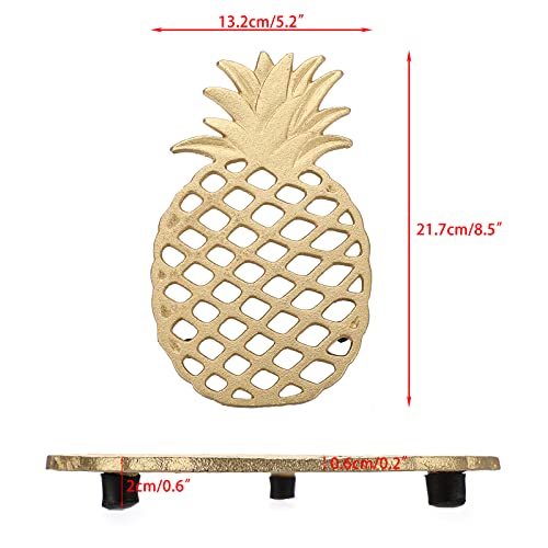 BTSKY 2 Pack 8.5x5.2 Inch Cast Iron Trivets for Hot Dishes, Rustproof Pineapple Gold Metal Hot Pot Pads Decorative Hot Plate Trivets for Kitchen Countertop Dining Table with Rubber Pegs