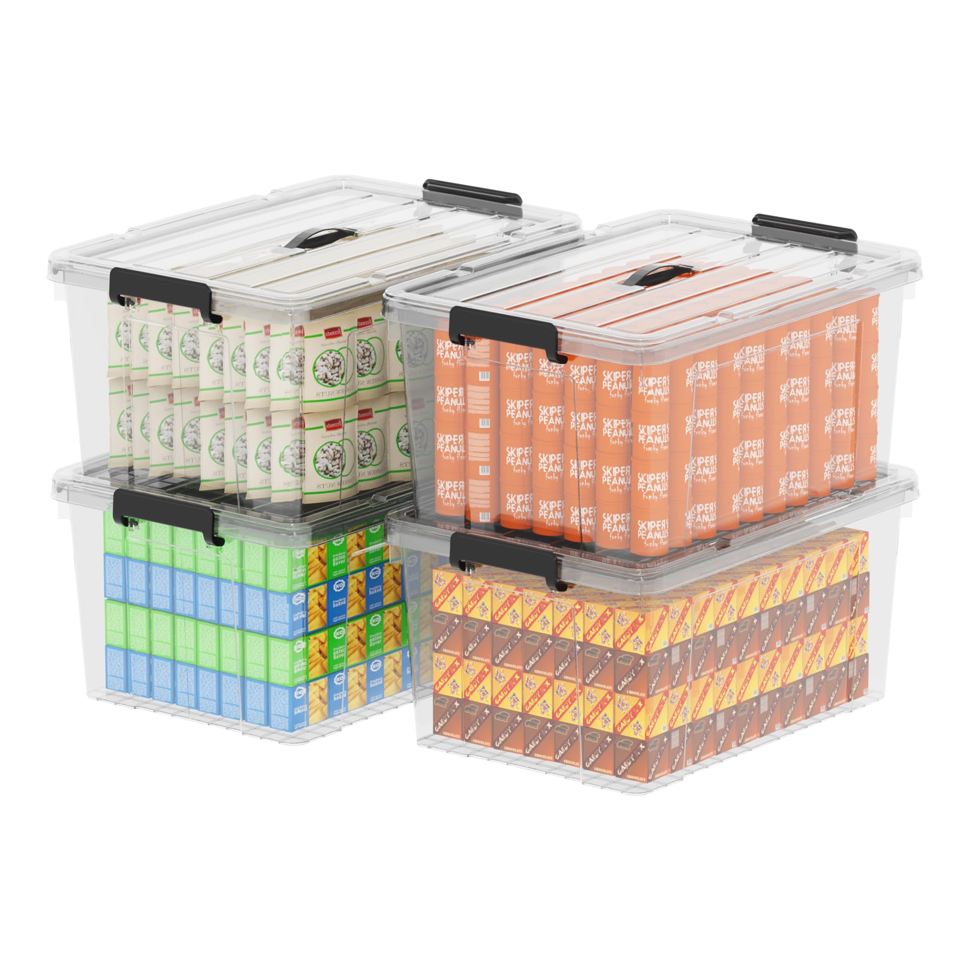 Cetomo 95Qt*4 Plastic Storage Bins, Storage Box, 4 Pack, Tote Organizing Container with Durable Lid, Secure Clips and Handle, Stackable and Nestable, Clear with Black Buckle