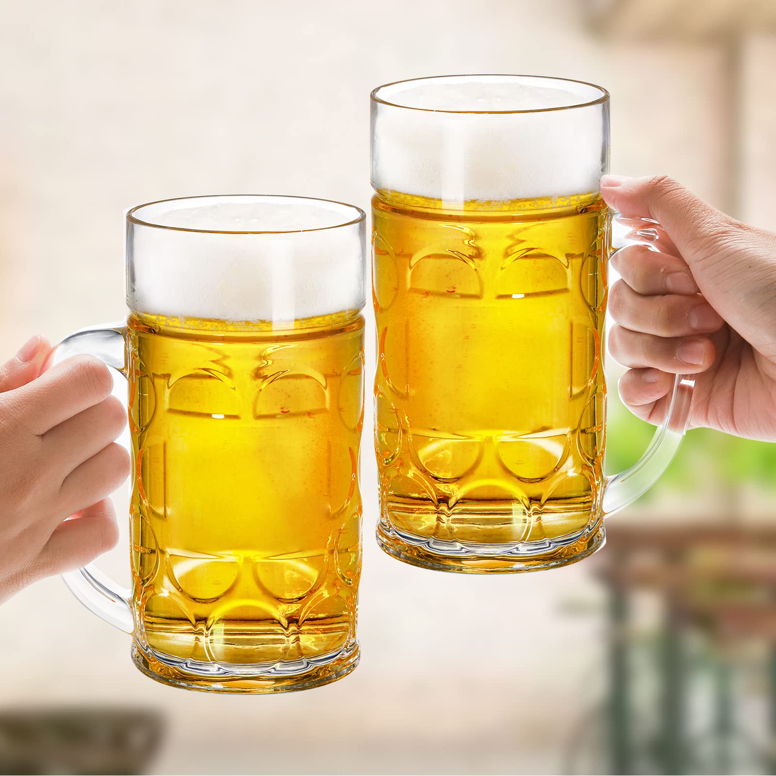 Mezchi 6 Pack Plastic Beer Mugs, 20 oz./600ml Beer Steins with Handles, Resuable Beer Drinking Cups, Clear Large Beer Mugs for Bar, Beverages, Alcohol, Freezable, BPA Free