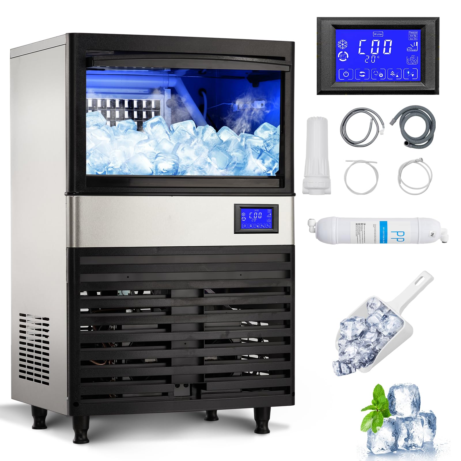 Commercial Ice Maker Machine 350Lb/24H, 1000W Ice Machine with 310Lbs Large Storage Bin, Industrial Ice Machine with LED Panel, Stainless Steel Clear Ice Cube Maker for Bar/Cafe/Restaurant/Business