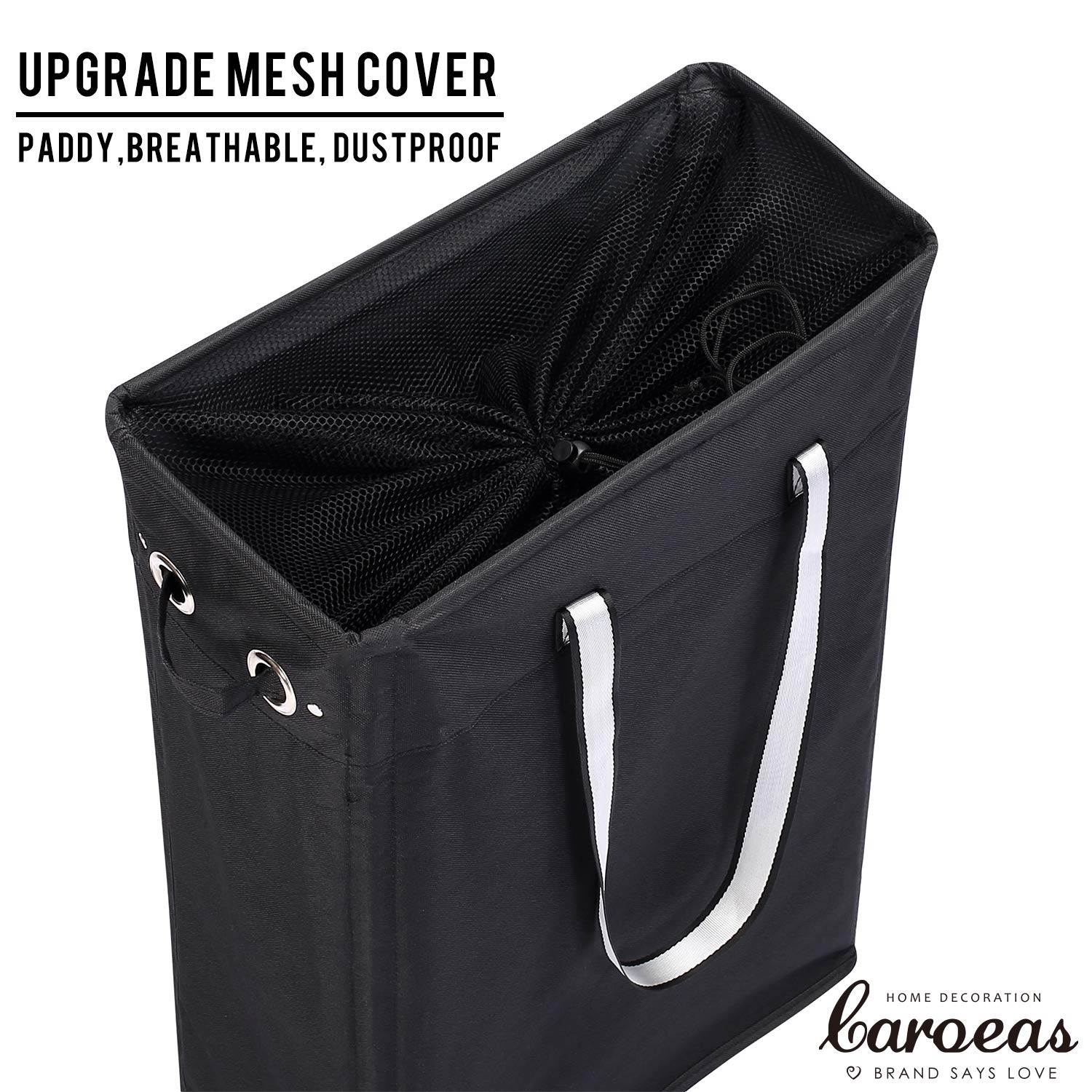 Cloth Clothes Basket, Caroeas 24" Handy Hanging Laundry Basket Tall & Slim Hamper Waterproof Laundry Bag Collapsible Travel Laundry Bag with Breathable Mesh Cover & Soft Handle Laundry Hamper (Black1)