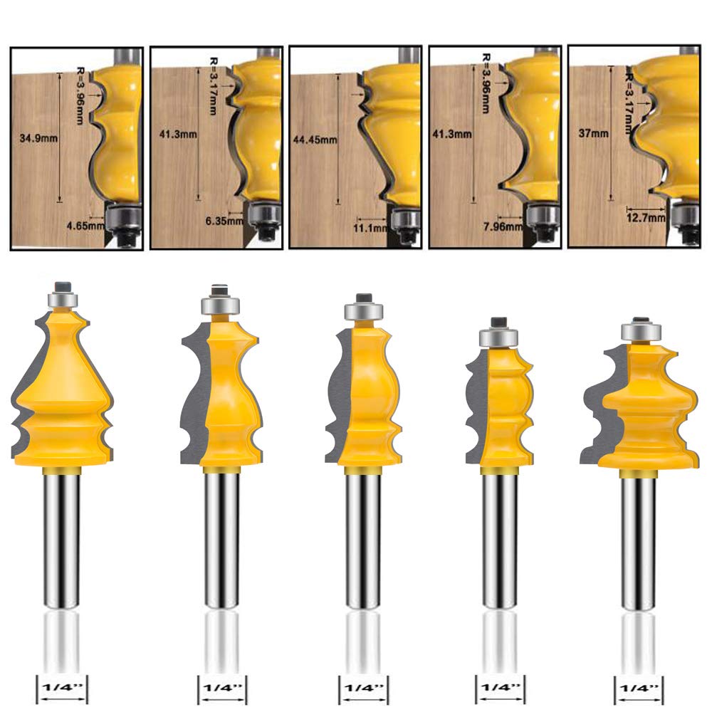 LEATBUY Architectural Molding Router Bit Set 1/4-Inch Shank 5 PCS, Corner Rounding Edge-Forming Woodworking Beading Router Bits Sets Tool Wood Table Door Cabinet Cutter(1/4-Line)