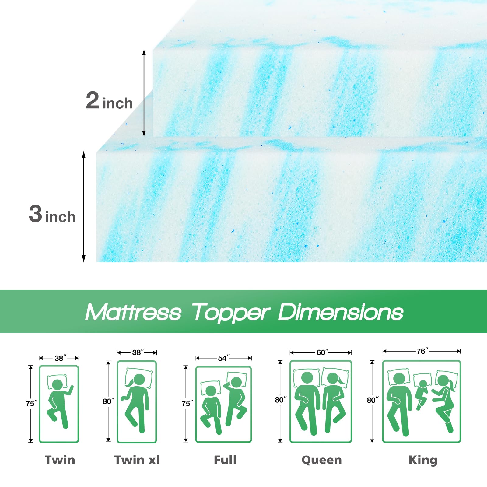 Mattress Topper, 2 Inch Queen Size Cooling Memory Foam Mattress Bed Topper for Sleeper Sofa, RV, Camper, CertiPUR-US Certified