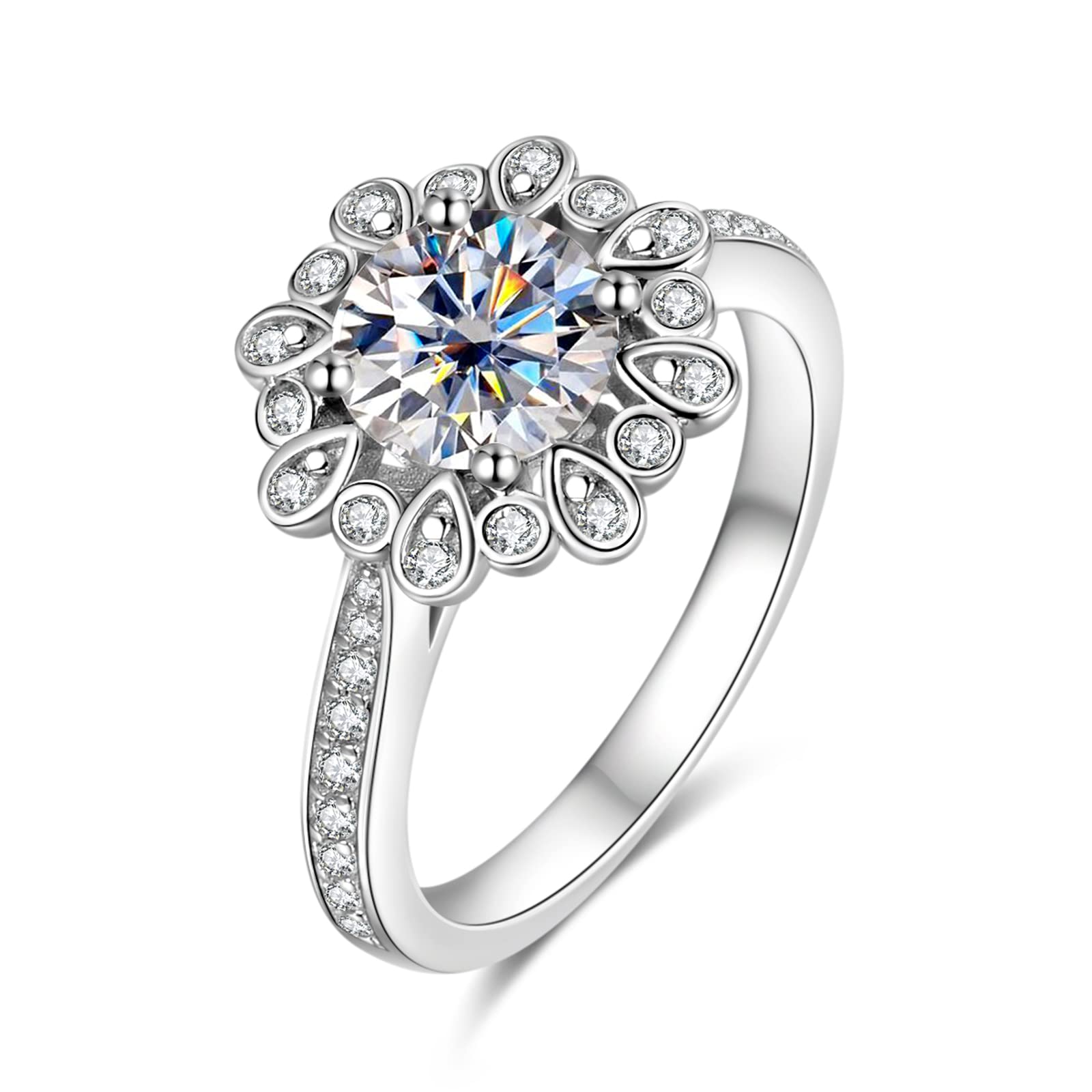 AnuClub 1.2ct Moissanite Halo Sunflower Engagement Ring, D-E Color Lab Created Diamond Sterling Silver Wedding Ring, Christmas Gift for Women Size 7.5