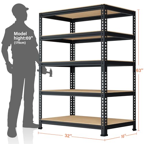 CFSAFK Storage Shelves 5 Tire, Adjustable Metal Storage Shelving, Heavy Duty Shelf for Garage,1400lbs, 32" W x 16" D x 63" H, 2 Pack