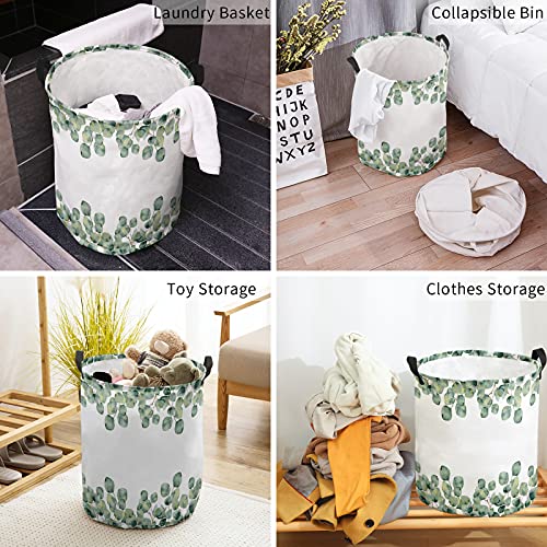 Tropical plants Large Laundry Hamper Collapsible with Handles, Waterproof Dirty Clothes Hamper Baby Nursery for Kids Room Dorm Storage, Watercolor Eucalyptus Leaves