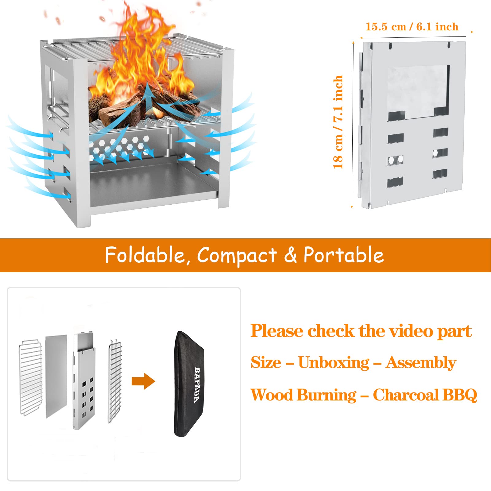 BAFADA Wood Burning Camp Stove Picnic BBQ Cooker/Portable Folding Backpacking Stove with Windshield, Ash Catcher and Grill Grid