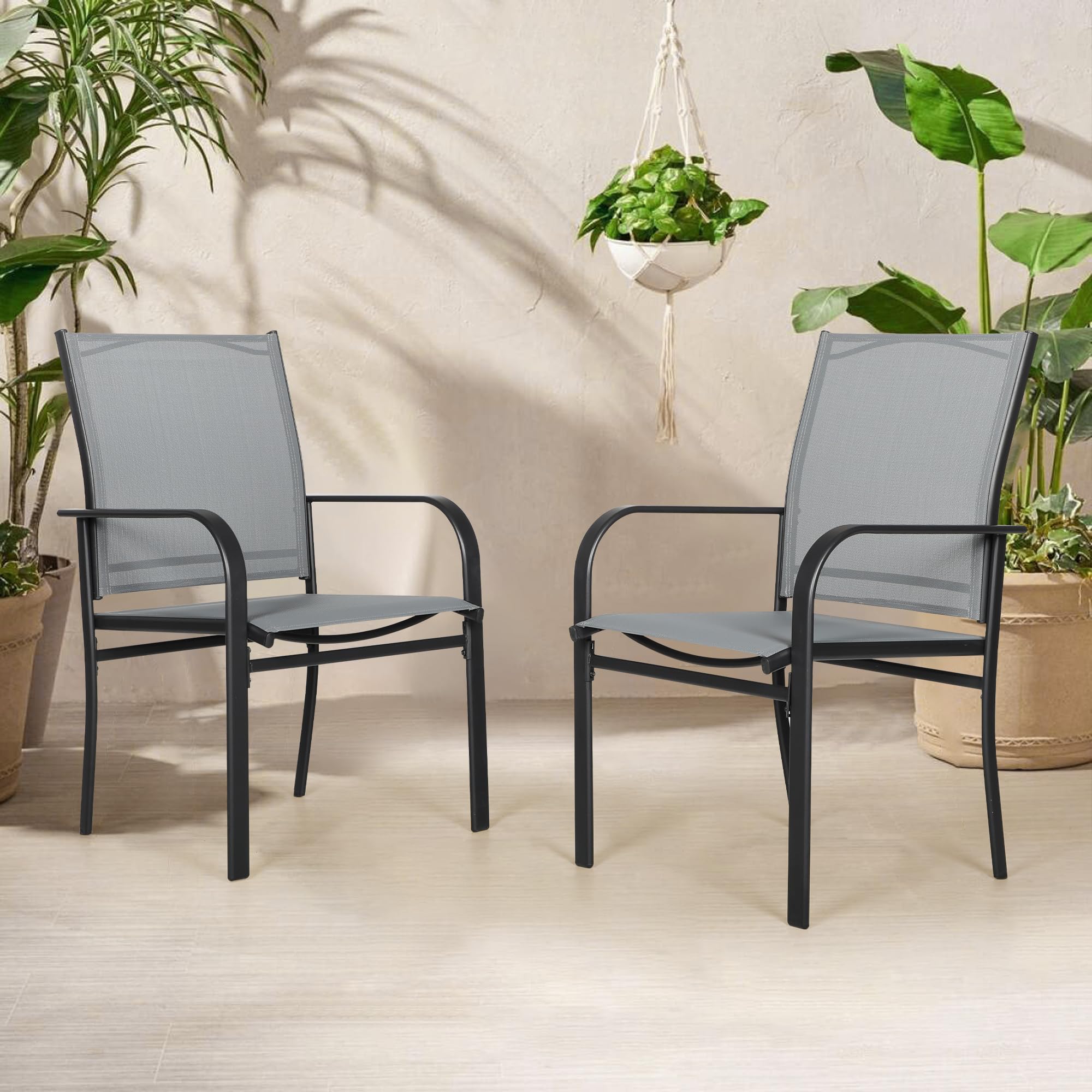 Brightpeak Outdoor Chairs Set of 2, Patio Dining Chairs with Armrest, All Weather Textilene Breathable Seat Fabric Chair for Backyard, Deck, Poolside (Grey)