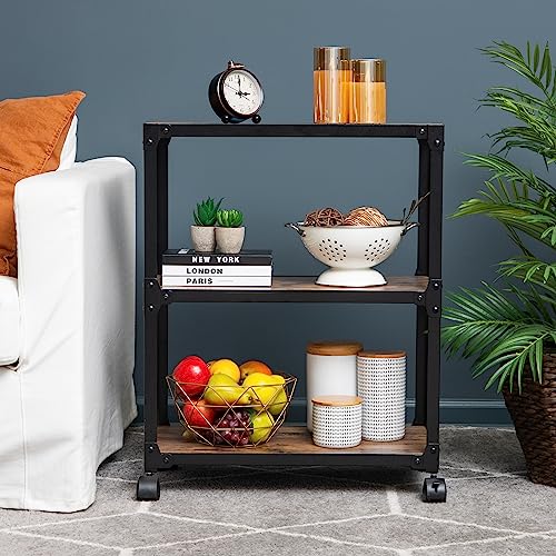 MIND READER Rolling Bar Cart [3 Tier] Kitchen Microwave Cart Island On Wheels, Coffee Station (Wood/Metal, Black/Brown)