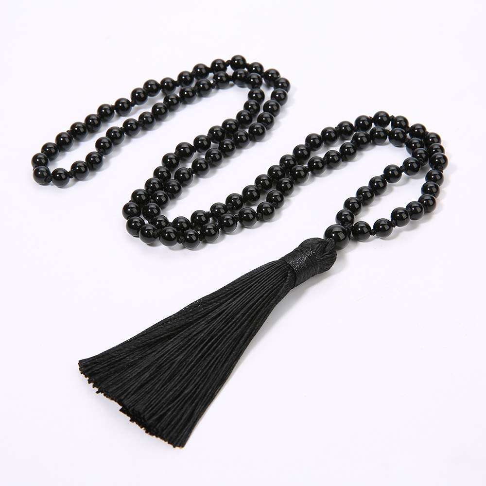 BALIBALI 8MM Beads Chakra Long Mala Necklace Natural Stone Meditation Statement Necklace Japa Yoga Rosary Prayer Charm Beaded Tassel Necklace (Black Agate)
